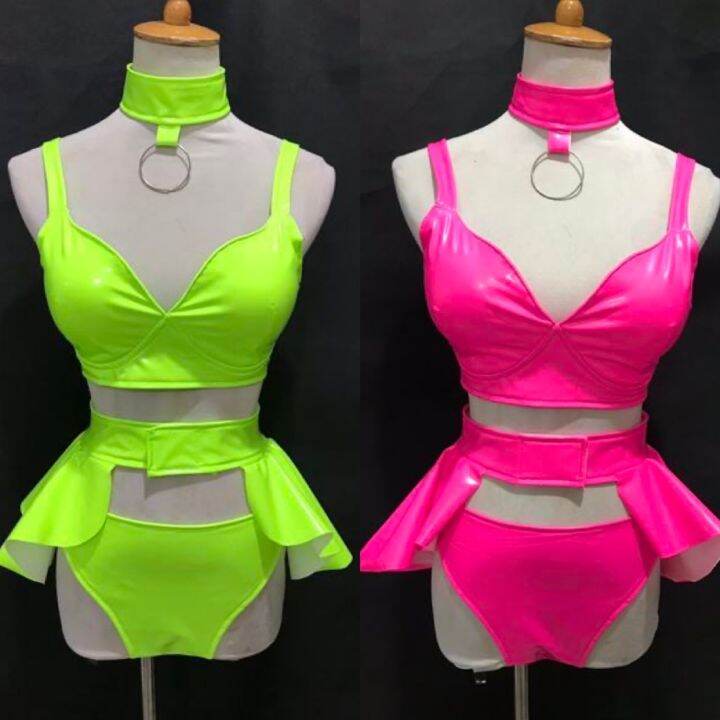 Nightclub Sexy Fluorescent Powder Fluorescence Green Patent Leather Bar Gogo Costume Partygilr