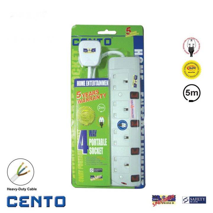 CENTO 4 Way 3 Pin Socket Outlet with Neon & Surge Protector 5 Meter CT ...