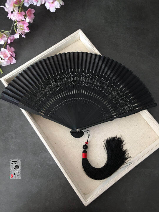 Chinese Style Full Bamboo Carving Hollow Fan Japanese Solid-Color Black ...