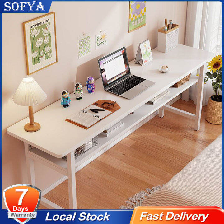 Sofya White 160cm/140cm Table Home Office Study Desk Double layers Computer Table Long writing ...