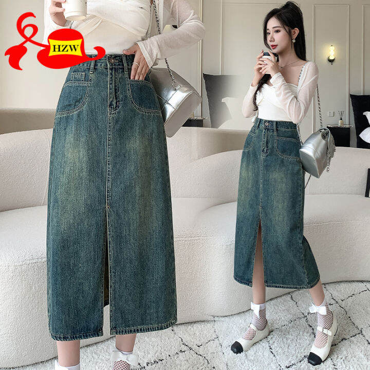 HZW 2023ฤดูใบไม้ร่วงกระโปรงเดนิมง่ายและอเนกประสงค์ย้อนยุคสีฟ้ากระโปรงเอวสูงย้อนยุคขนาดกลางและยาว ...