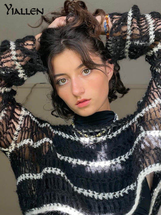 Yallen เสื้อถักลายทางแขนยาวสำหรับผู้หญิง,เสื้อ2022ใหม่เสื้อแฟชั่นสตรีท ...