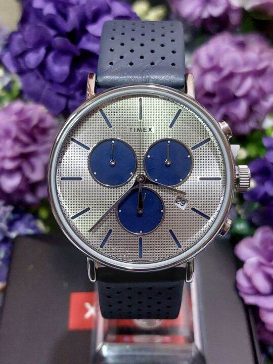 Timex Men's FAIRFIELD Supernova Blue Leather Band Chrono Multifunction ...