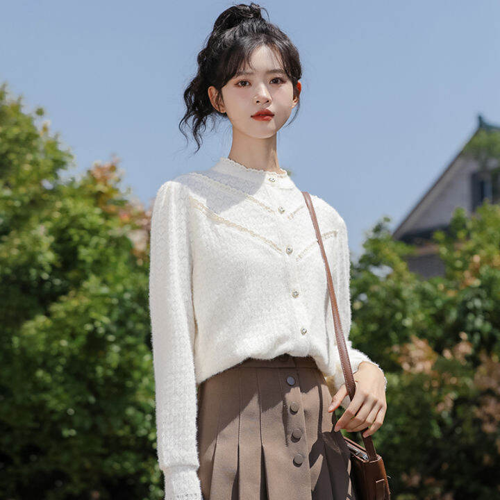 Piperka Qi เสื้อเชิ้ตแขนยาวลายดอกไม้ลูกไม้คอสูงปานกลางแบบใหม่ฤดูใบไม้ ...