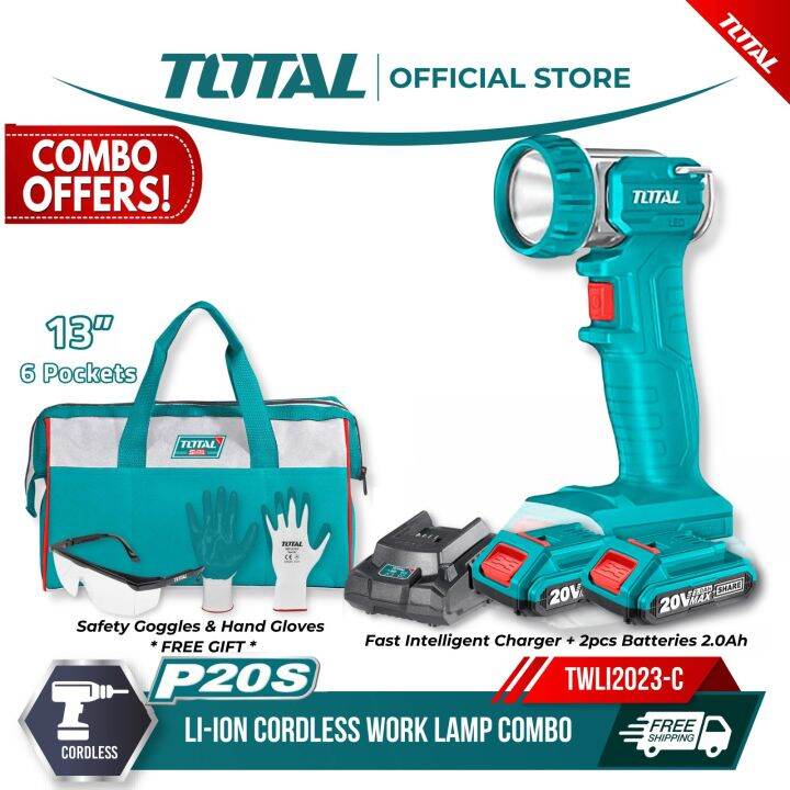 Total Li-ion Cordless Work Lamp + 2 pcs Batteries & Charger Combo Set ...