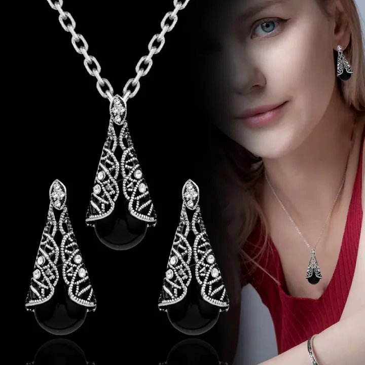 SINLEERY Vintage ชุดเครื่องประดับสำหรับงานแต่งงานสำหรับผู้หญิงสีเงินโบราณโอปอล Waterdrop สร้อยคอ ...