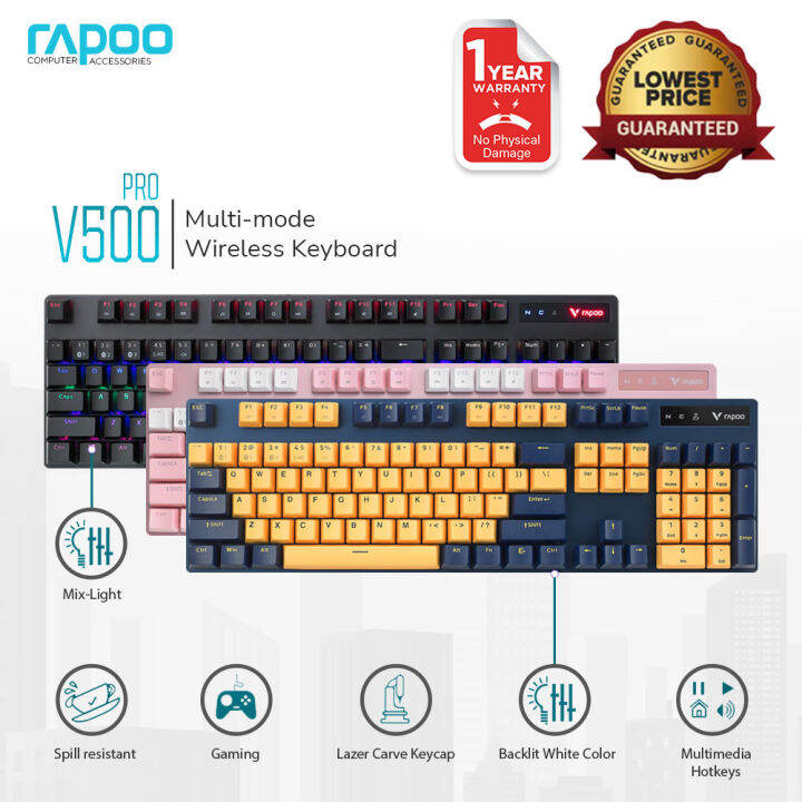 Rapoo V500PRO Multi-mode Wireless Gaming Mechanical Keyboard Reliable Bluetooth 3.0, Bluetooth 5 ...