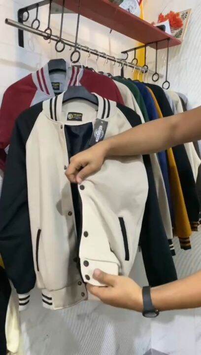 Jaket Varsity Bomber Vintage Polos Pria Wanita Kancing - Pakai Furing ...