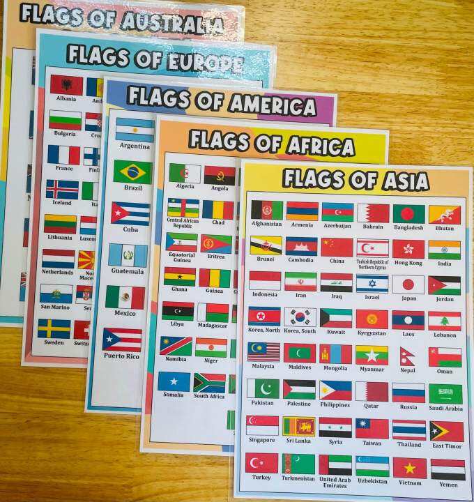 Flags America Asia Europe Africa Australia Laminated Chart A4 Size ...