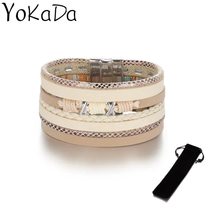 YOKADA สร้อยข้อมือหนังสไตล์โบฮีเมียนสำหรับผู้ชายแม่เหล็กผู้หญิงสร้อย ...