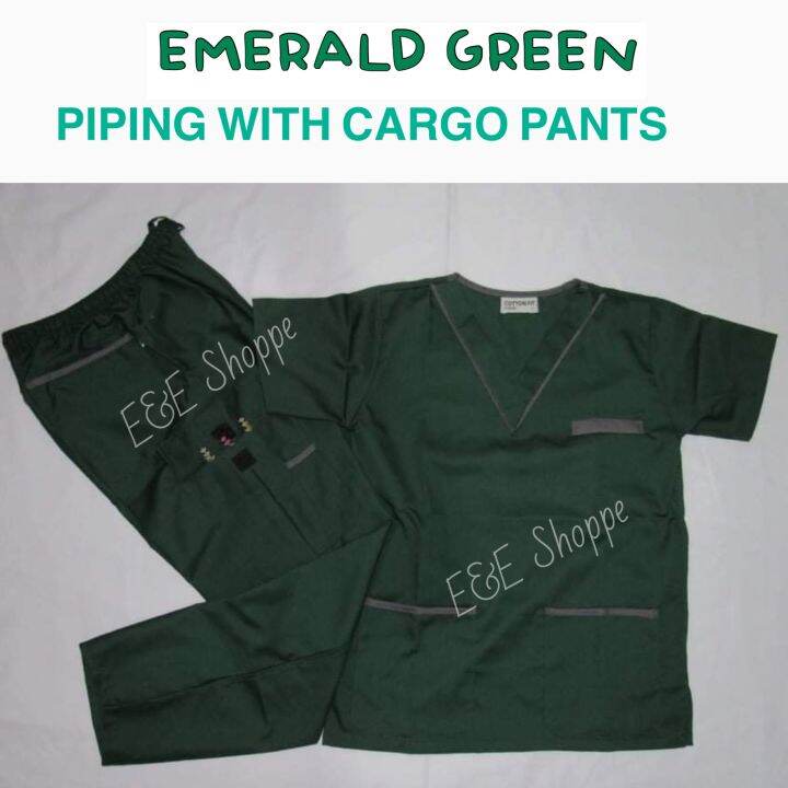 SCRUB SUIT SET-UNISEX( EMERALD GREEN - Piping with CARGO pants) | Lazada PH