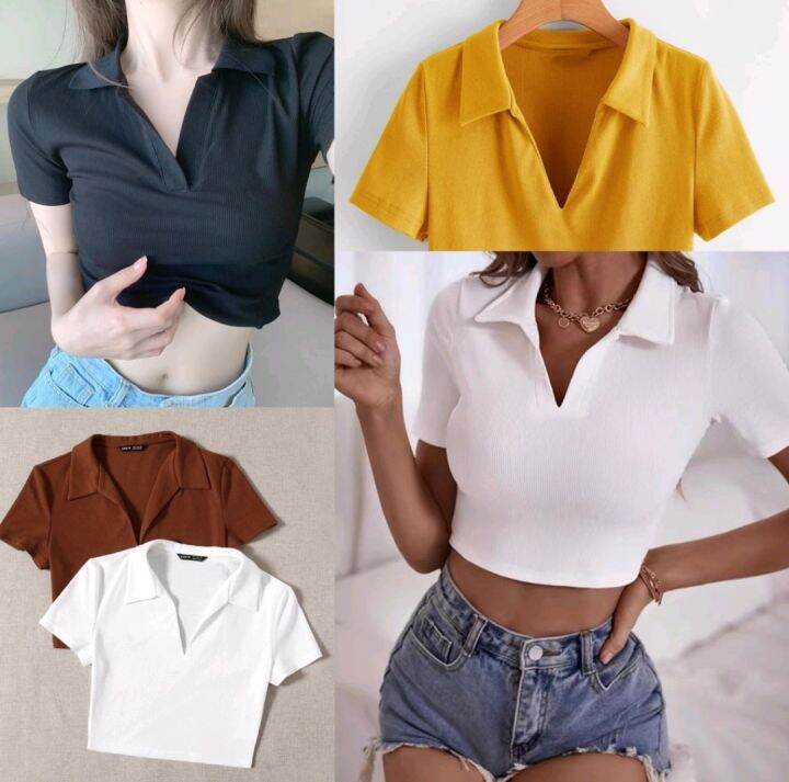 Korean Fashion V Neck Collared Tee Polo Crop Top Retro Lapel Rib tops ...