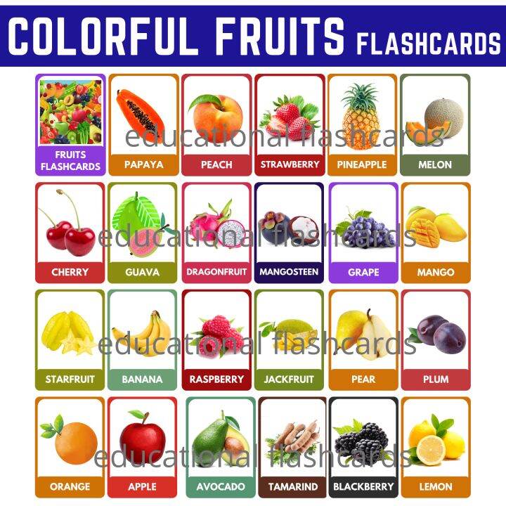 Colorful Fruits Flashcards for kids, Educational Laminated Flashcards ...