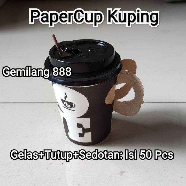 PaperCup Kuping / Gelas kertas Gagang + Tutup + Sedotan (isi 50pcs), Paper cup, Gelas Kertas ...