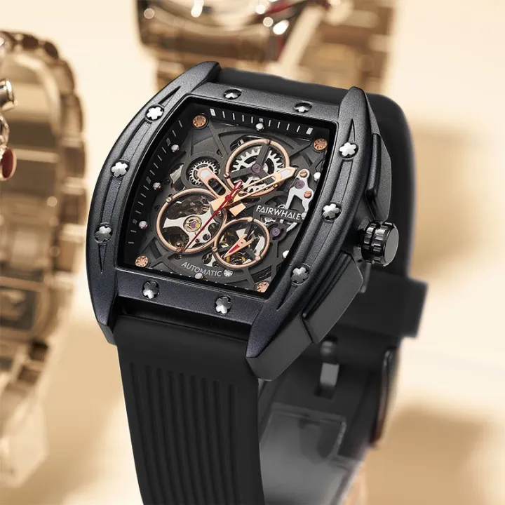 นาฬิกาผู้ชายแฟชั่นแบบกลไกฉลุลายแบรนด์ของแท้แบบใหม่ของ Mark WHALE สำหรับผู้ชายทรงสี่เหลี่ยมทรงถัง ...