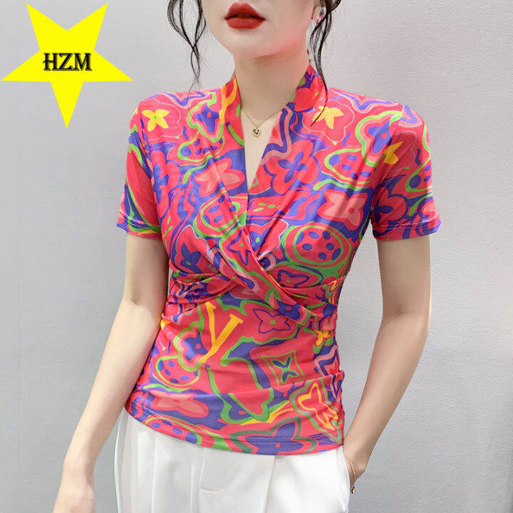 HZM เสื้อยืดเสื้อเชิ้ตตัวเล็กสั้นผู้หญิงผ้าโปร่งสองชั้นสไตล์แฟชั่นใหม่2023เสื้อผ้าหน้าร้อน ...