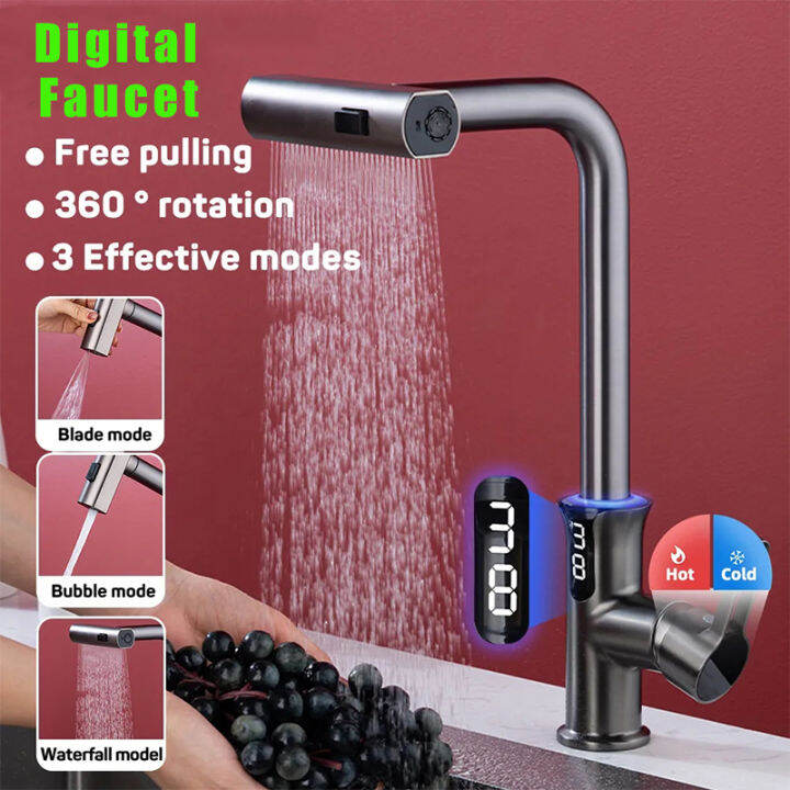 Black Waterfall Bathroom Basin Sink Faucet Temperature Digital Display Pull Out Hot Cold Mixer