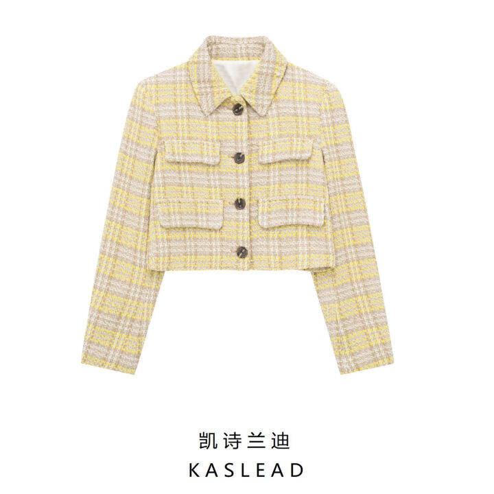 Kaslead เสื้อผ้าผู้หญิงแบบใหม่เสื้อสูทตัวสั้นมีลวดลายแขนยาวคอปกสไตล์ ...