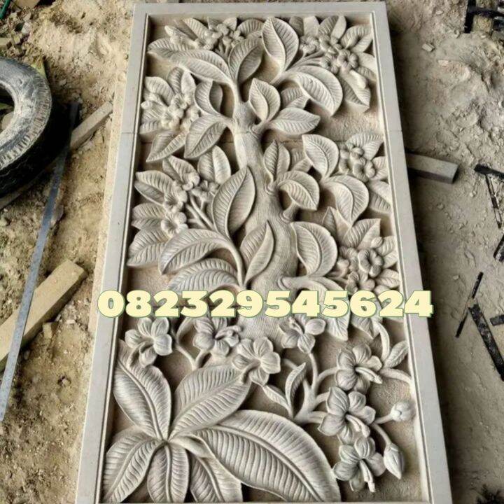 relief ukiran batu alam paras hiasan dinding motif kamboja, ukiran batu ...