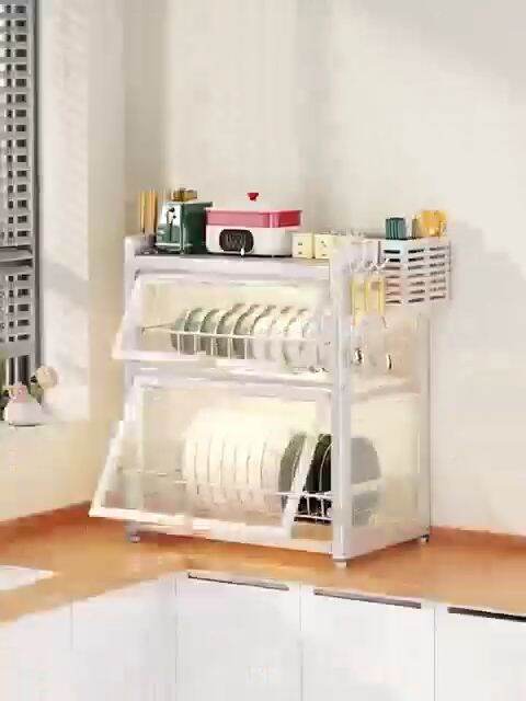 Dish Rack Cabinet with Cover 3Tiers Steel Kitchen Organizer Cabinet ...