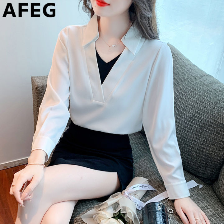 Afeg New Korean V Neck Stylish And Versatile Professional Stitching Satin Long Sleeved Blouse