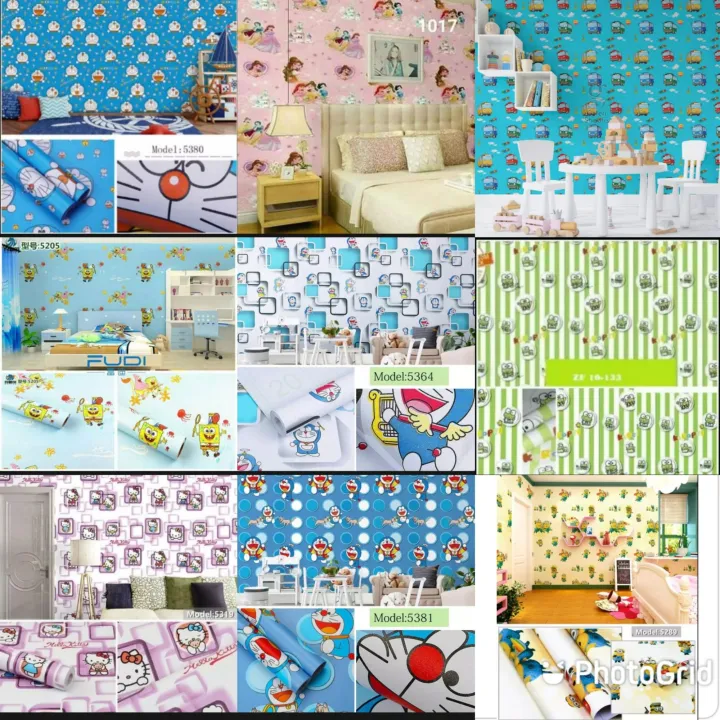Wallpaper Stiker Dinding Motif Dan Karakter Size 45Cm X 10M Doraemon Spongebob Tayo Hello Kitty ...