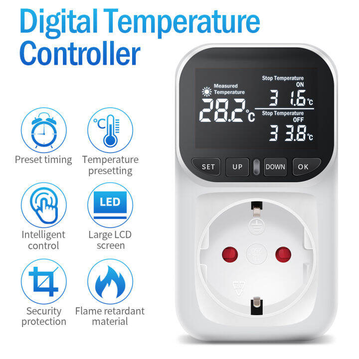 220v Temperature Controller Socket Eu Plug Lcd Display Digital Thermostat Preset Timer Switch