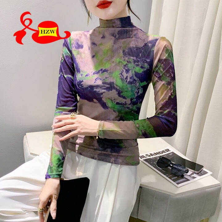 HZW 2023ฤดูใบไม้ร่วงและฤดูหนาวต่างประเทศแฟชั่นสไตล์เสื้อยืดผ้าตาข่ายเสื้อคอเต่าแขนยาวลายดอกไม้ ...