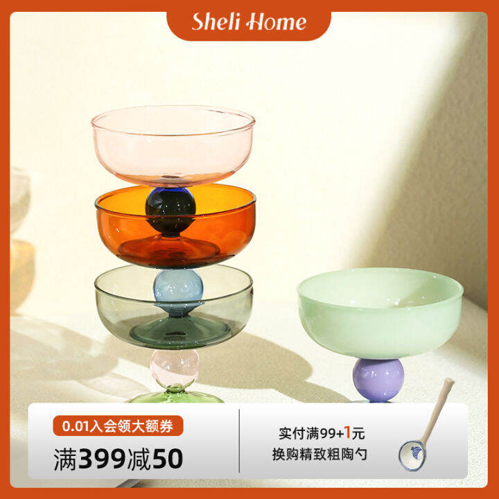 Chuanli ชามข้าวโอ๊ตที่มีมูลค่าสูงถ้วยสลัดผลไม้แก้วแก้วทรงสูงสีคอนทราสต์แบบสร้างสรรค์ถ้วยไอศกรีม ...