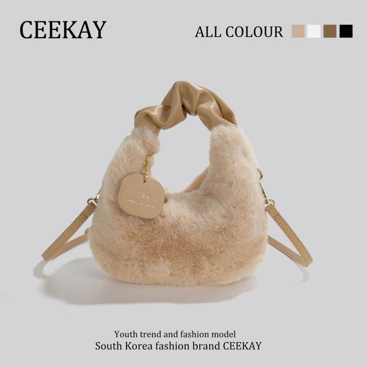 Ceekay กระเป๋าขนฟูๆแบบหิ้วมีขนกระเป๋าคุณภาพดีสำหรับผู้หญิงกระเป๋าสะพายข้างผ้าพลัฌแบบใหม่ฤดูใบไม้ ...