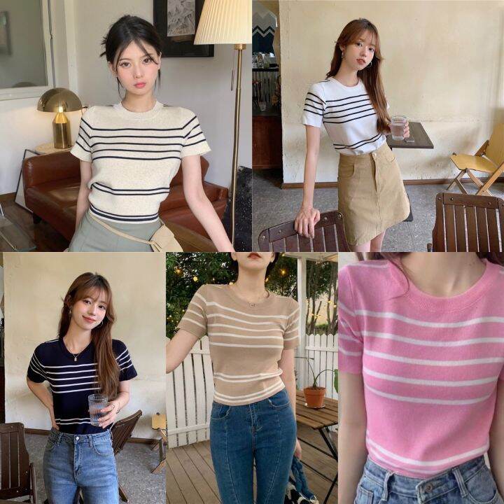 Ttshop พร้อมส่งเสื้อไหมพรมแขนสั้น คอกลม มินิมอลลุคคุณหน Th