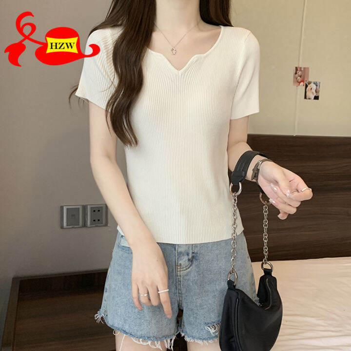 HZW 2023เสื้อถักคอวีทรงสี่เหลี่ยมคอวีไม่ซ้ำใครสไตล์ฝรั่งเศสใหม่ฤดูร้อนของผู้หญิงแขนสั้น | Lazada ...
