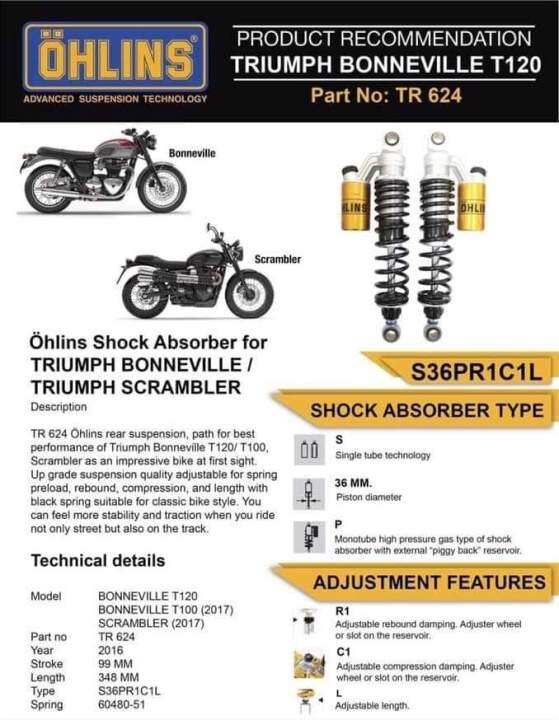 โช๊คหลัง OHLINS TR624 สำหรับ TRIUMPH BONNEVILLE T100/T120/STREET SCRAMBLER ปี 2016 ขึ้นไป ...