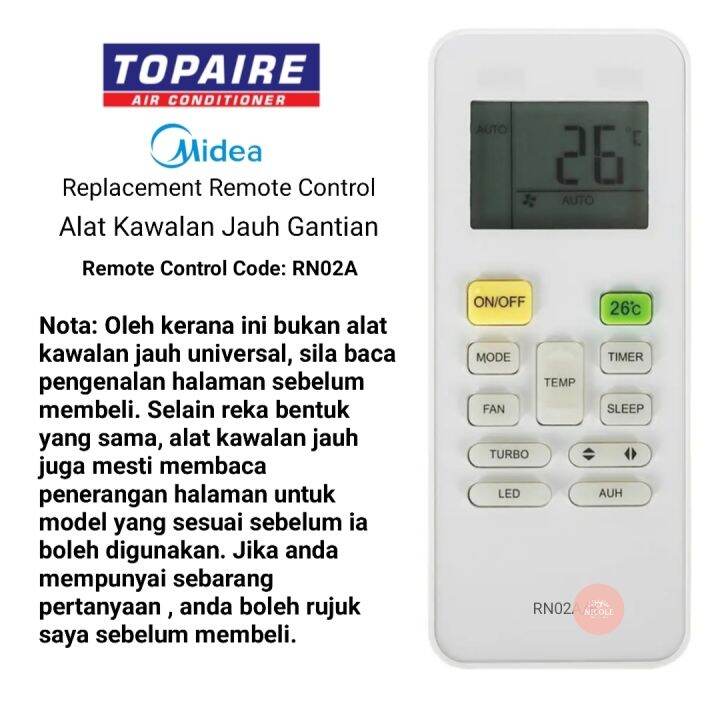 Topaire/ Midea air conditioner Replacement Remote Control RN02A | Lazada