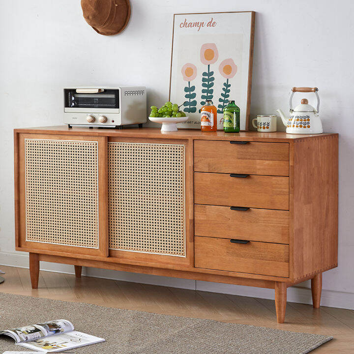 Japanese-Style Solid Wood Rattan Sideboard Cabinet Household Storage ...