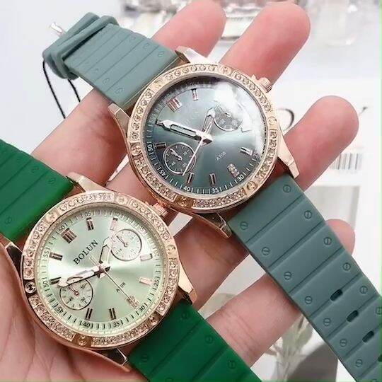 BOLUN นาฬิกาข้อมือ แบรนด์แท้ หน้าปัดประดับเพชร สายยาง | Lazada.co.th