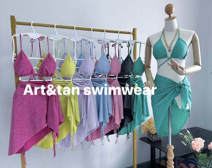 T433 ชุดว่ายน้ำกลิตเตอร์ผ้าเงา 3 ชิ้น | Lazada.co.th