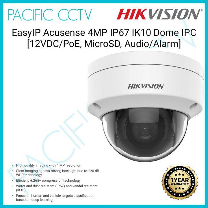HIKVISION EasyIP Acusense 4MP IP67 IK10 Dome IPC [12VDC/PoE, MicroSD ...