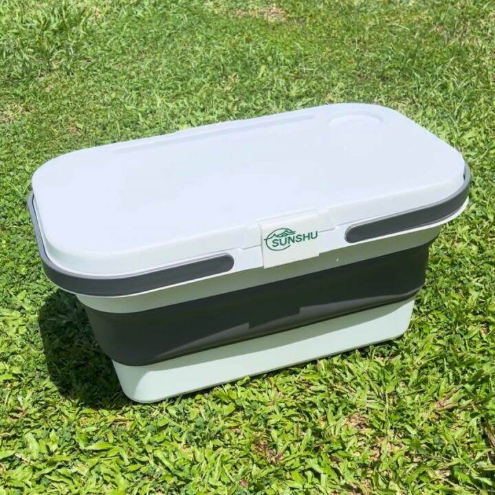 SUNSHU ตะกร้าใส่ของพับได้ ตะกร้าใส่ของมีฝาปิด ตะกร้าปิคนิค 2-in-1 ฝาเป็นโต๊ะเล็กๆ วางแก้ว วาง ...