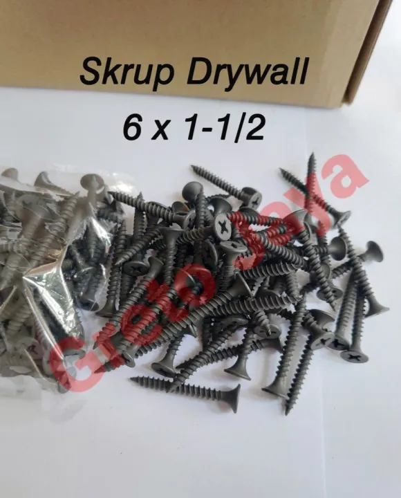 ( 1 DUS 6x1-1/2 ) Sekrup Gypsum Skrup Mur Baut Gipsum Hitam Drywall 6 x ...