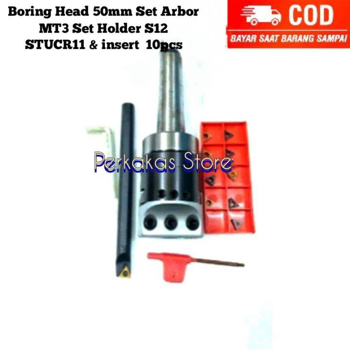 Alat Korter lubang Boring head 50mm Arbor MT3 drat M12 Set holder dalam 12mm insert Carbide ...