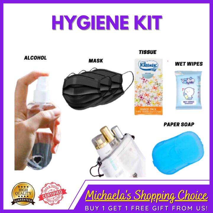 Michaela Sc. New Normal Hygiene Kit. Alcohol dispenser, 3pcs Mask Wipes ...