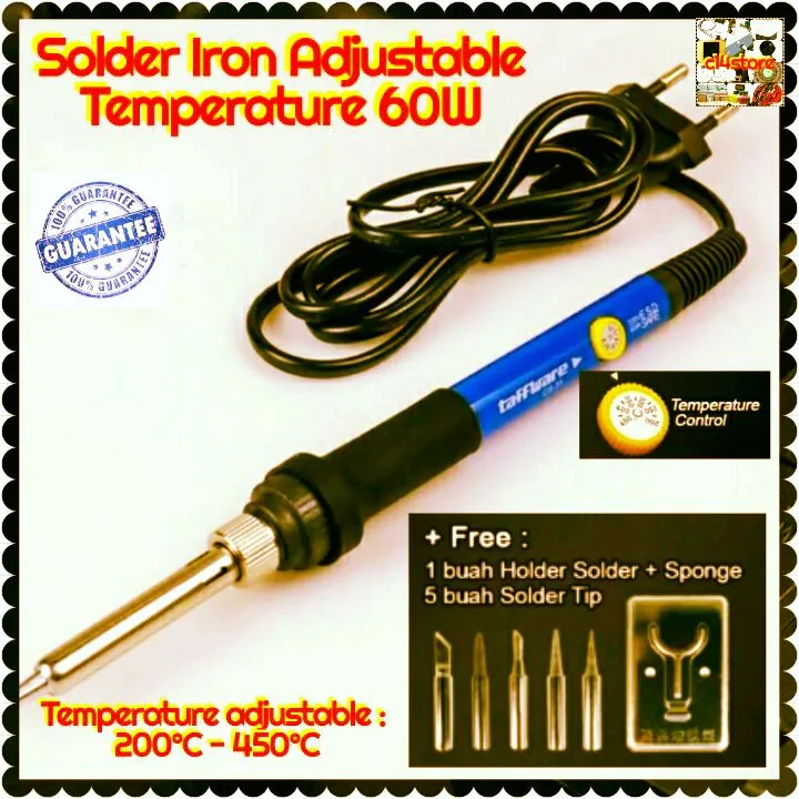 Solder Iron Adjustable Temperature 60 watt with 5 Tips Bergaransi ...