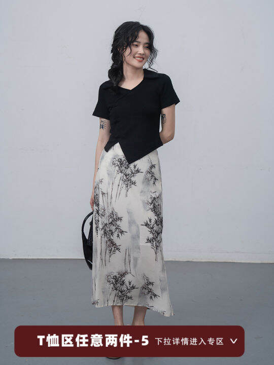 เสื้อแขนสั้นสไตล์จีนแบบใหม่สีดำยี่ห้อ Qianjie เสื้อยืดแขนสั้นไหล่ตรงแบบ ...