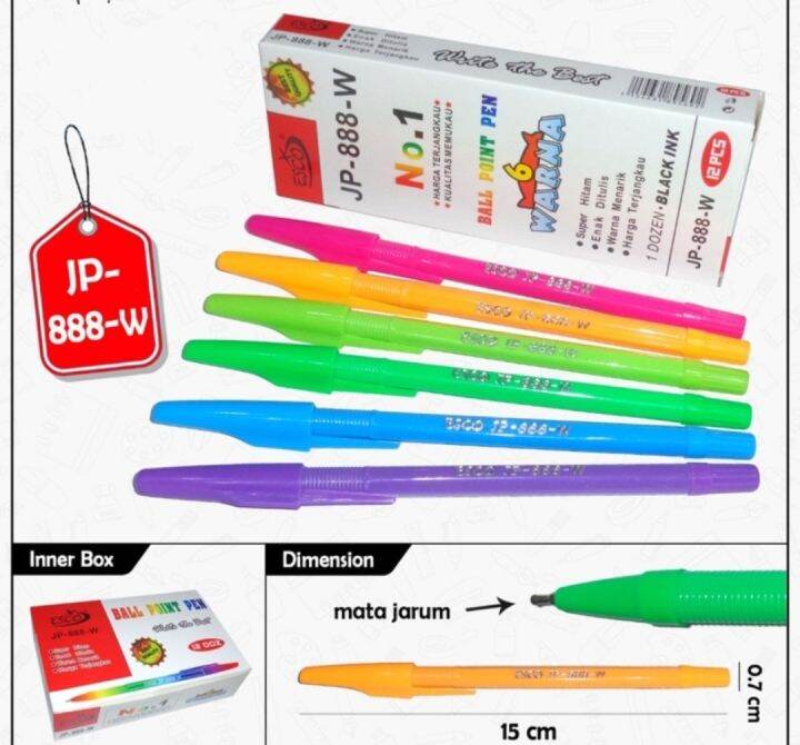 1 Pak Ballpoint Tinta Hitam Pulpen Esco JP-888-W Ballpoint Warna ...