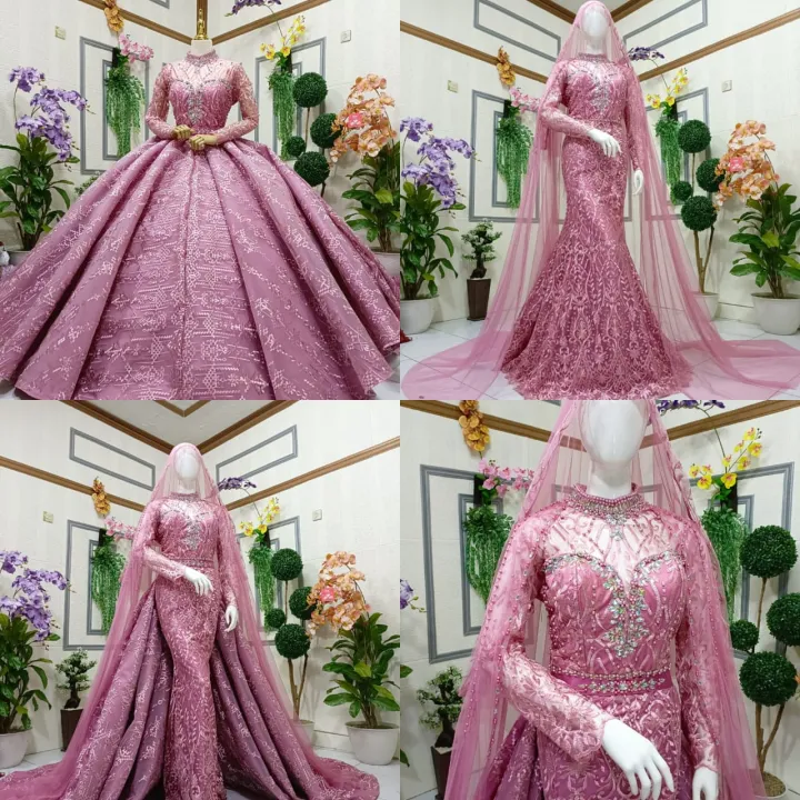 Gaun pengantin model 3 in 1 sudah full mutiara tanpa payet warna pink ...