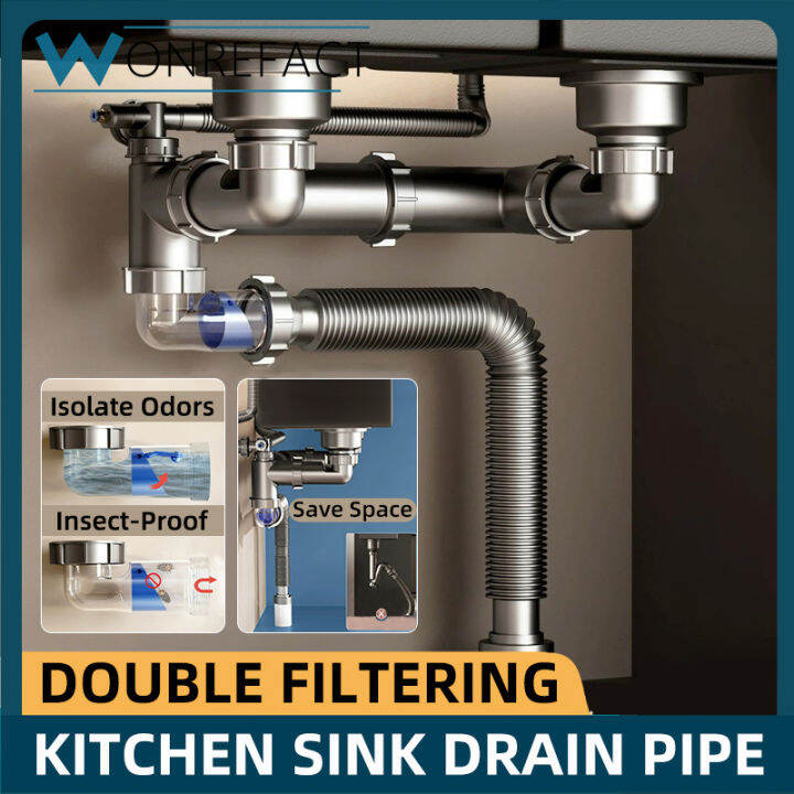 [Space Saving] Sink Drain Waste Pipe Kit with Transparent Waste Trap ...