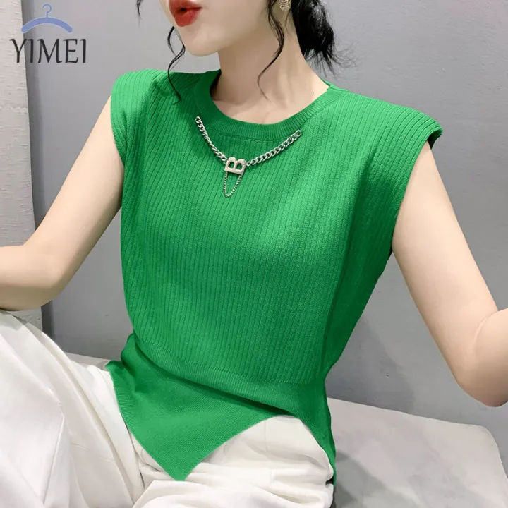 YIMEI เสื้อสั้น2022ฤดูร้อนใหม่รอบคอถักเสื้อแฟชั่นเกาหลี Slim เสื้อยืด ...