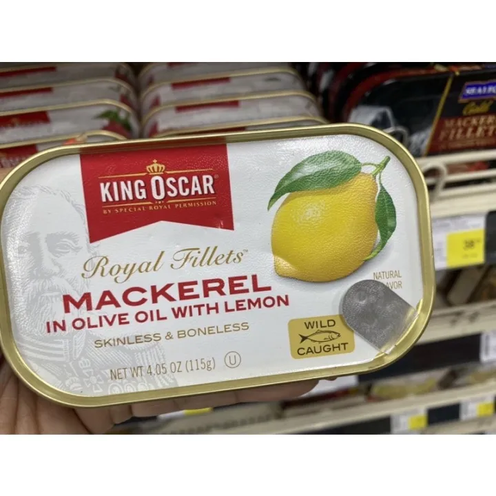 เนื้อปลาแมคเคอเรล ปรุงรสในน้ำมันมะกอก ผสม เลม่อน ตรา คิง ออสการ์ 115g ...