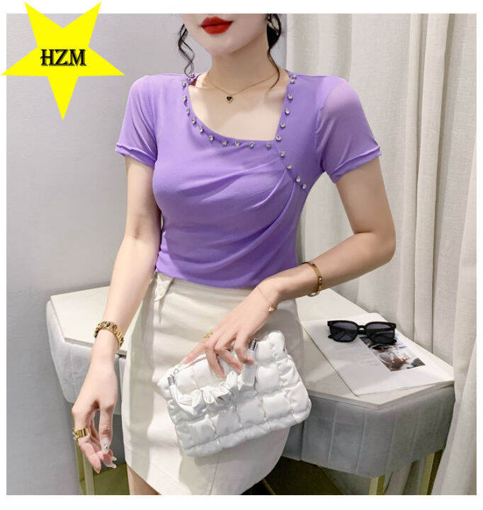 HZM 2023ฤดูร้อนเสื้อผู้หญิงแขนสั้น,เสื้อยืดลูกปัดกระดูกไหปลาร้าน้ำค้างแบบไม่สม่ำเสมอเสื้อคู่ ...